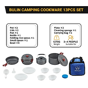 Bulin Camping Cookware Mess Kit, Nonstick Backpacking Cooking Set, Outdoor Cook Gear for Family Hiking, Picnic| Lightweight Cookware Sets(Kettle, Pots, Frying Pan, BPA-Free Bowls, Plates, Spoon)