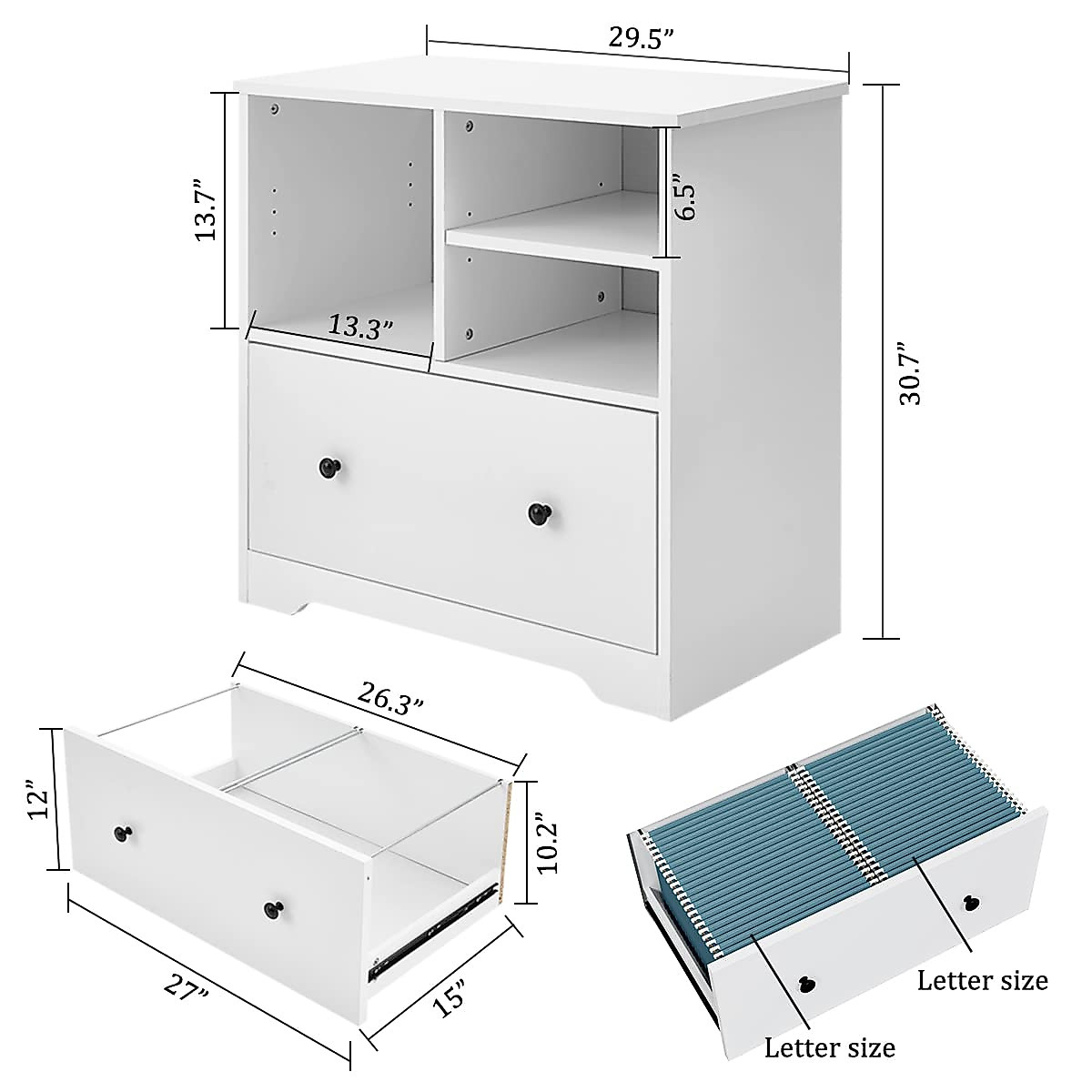 Wood File Cabinet with a Big Drawer, Mobile Lateral Filing Cabinet for Home Office Storage Cabinet Organizer (White)
