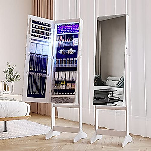 Gurexl 2-in-1 Jewelry Armoire with 8 LEDs,Door/Wall Mounted/Free Standing Jewelry Cabinet with Adjustable Acrylic Storage Shelf,Lockable Jewelry Organizer with Full Length Mirror for Bedroom