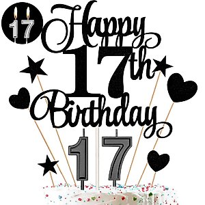 17th Birthday Cake Decorations Set Include 17th Birthday Candles Numeral 17 Cake Candles and Happy 17th Birthday Cake Toppers with Heart Star Cupcake Picks for Birthday Party (Black Series)