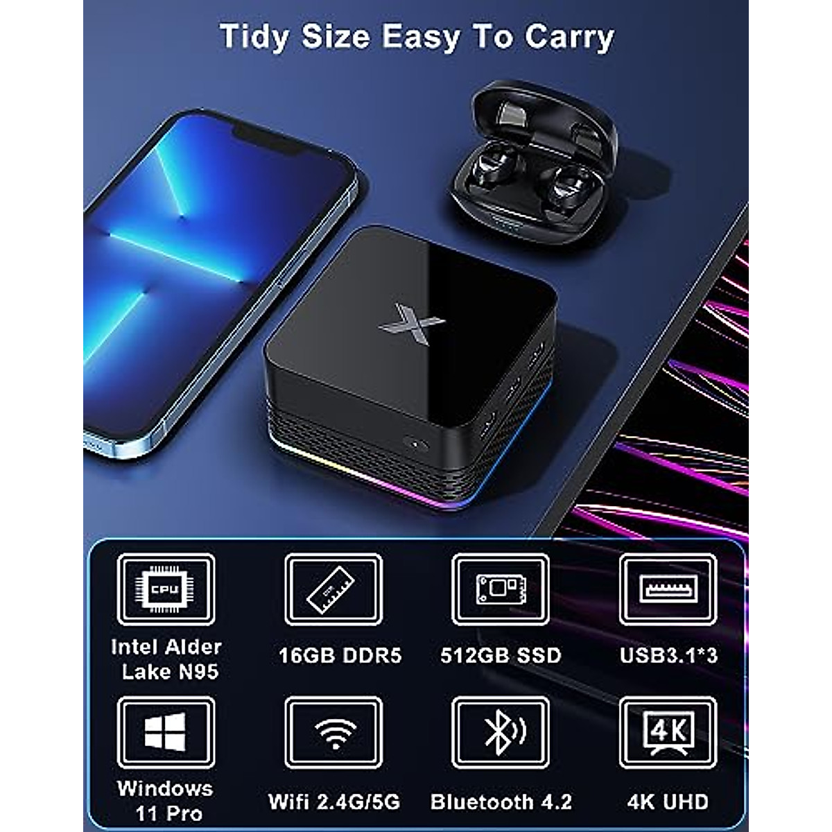 2023 New Mini PC 16GB DDR5 512GB M.2 SSD Windows 11 Pro Intel Alder Lake N95(up to 3.4Ghz) 4-Core CPU Mini Desktop Computer Support RGB Light HDMI 4K 2.4G/5G WiFi Bluetooth 4.2 Gigabit Ethernet