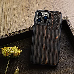 Carveit Magnetic Wood Case for iPhone 14 Pro Max [Natural Wood & Black Soft TPU] Shockproof Protective Cover Unique & Classy Wooden Case Compatible with magsafe (American Flag -Blackwood)