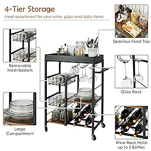 LIUJUN Serving Cart Metal Frame Rolling 4-Tier Kitchen Bar Cart Rolling Wine Rack Removable Tray Basket