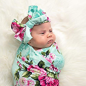 DOUBLE THE SPRINKLES Matching Robe and Swaddle Set Mom And Baby - Mommy & Me Matching Outfits, Hospital Robe For Labor With Delivery Gown, Baby Blanket & Headband (XL, Aqua Floral)