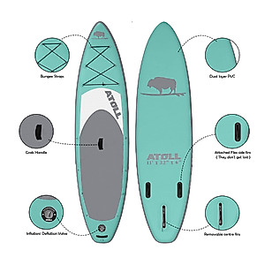Atoll 11' Feet Inflatable Stand Up Paddle Board (6 Inches Thick, 32 inches Wide) ISUP, Bravo Hand Pump and 3 Piece Paddle, Travel Backpack and Accessories New Leash Included (Aqua Marine)