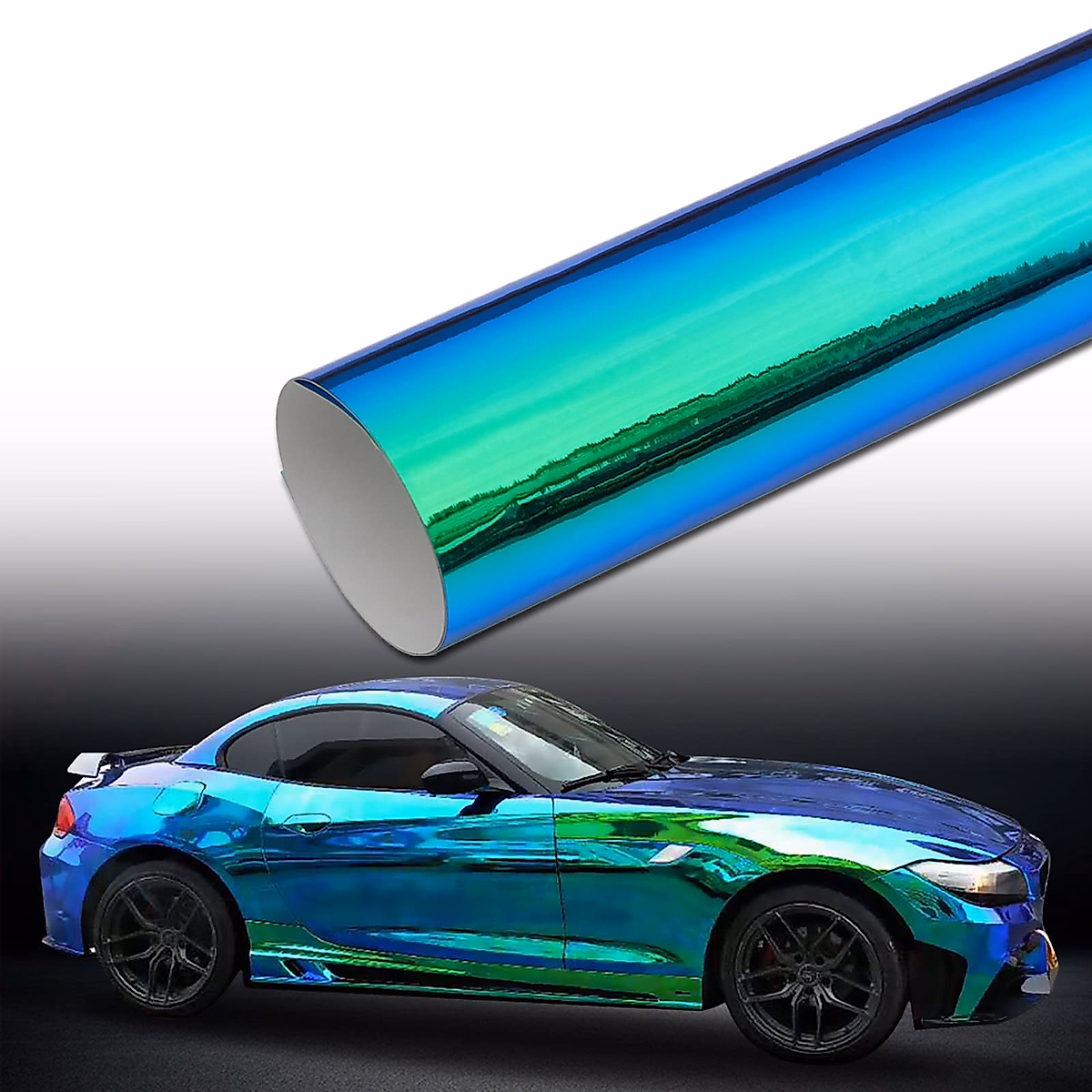 AuMoHall Holographic Laser Green to Blue Chrome Car Vinyl Wrap Glossy Chameleon Vehicle Vinyl Film Car Motorcycle Color Changing Film, 7.87'' x 11.81''