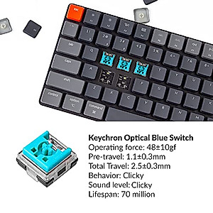Keychron K3 75% Layout 84-Key Ultra-Slim Hot-Swappable Wireless Bluetooth Mechanical Keyboard with Low-Profile Keychron Optical Blue Switch/White LED Backlight/USB Wired for Mac Windows-Version 2
