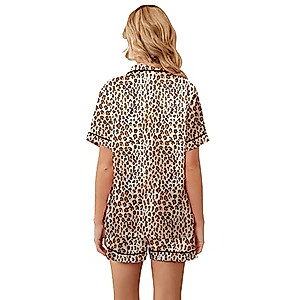 Umeyda Women's Short Sleeve Sleepwear Button Down Silk Satin 2 Piece Pajama Set, Leopard White, Small