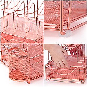 ARCOBIS Rose Gold Desk File Organizer for Women, Desk Organizers and Accessories with Pen Holder & Sliding Drawer & Vertical File Folder Sorters, Cute Desktop File Holder for Office Supplies