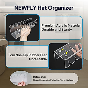 NEWFLY Hat Stand for Baseball Caps, 2 PCS Acrylic Hat Organizer for 14 Caps, No Install Baseball Hat Rack Hat Storage Holder, Hat Oragnizer Shelf Display for Closet Bedroom Dresser(Clear)