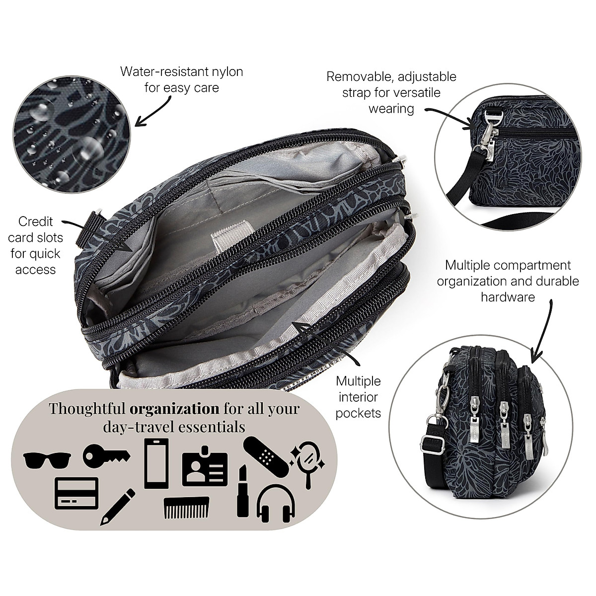 Baggallini womens Triple Zip Bagg cross body handbags, Midnight Blossom, One Size US