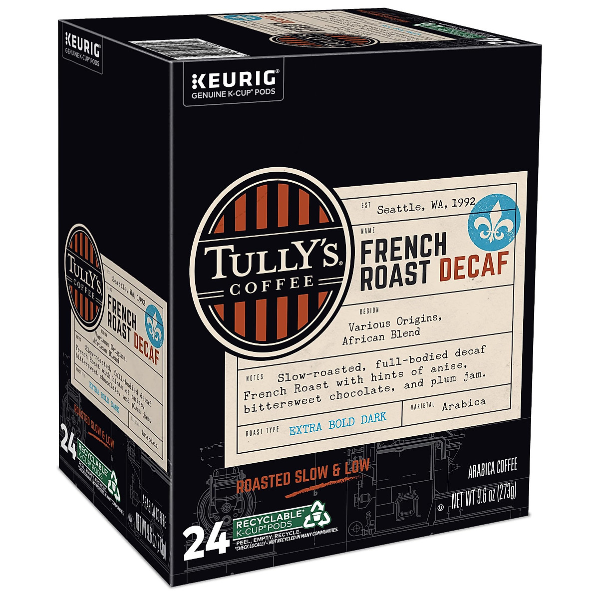 Tully's Coffee French Roast Decaf, Single-Serve Keurig K-Cup Pods, Dark Roast Coffee Pods, 96 Count, 24 Count (Pack of 4)