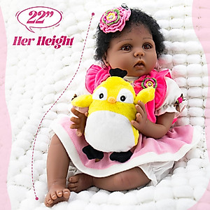 Aori Lifelike Reborn Baby Dolls Black 22 inch Realistic Baby Girl Doll Weighted Biracial Newborn Baby Doll with Feeding Toy Accessories