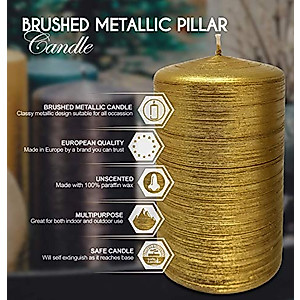 Hyoola Brushed Metallic Pillar Candles - 6 Pack - Gold Pillar Candles - European Made Decorative Pillar Candles - 2.75 Inch x 5 Inch