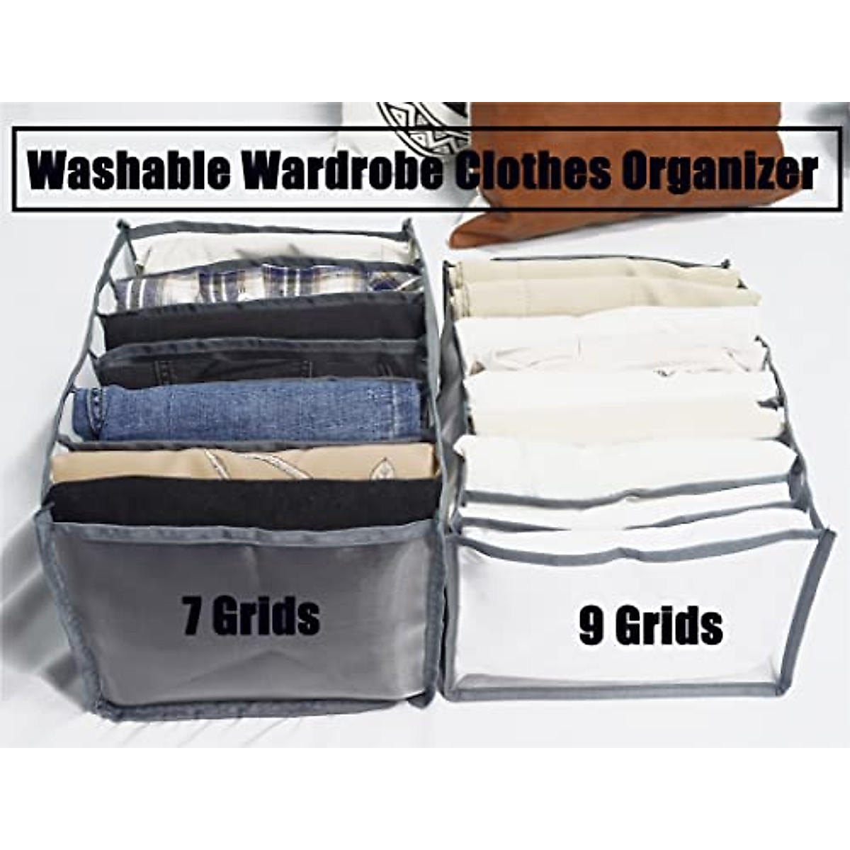 S-SNAIL-OO 7 Grids Washable Wardrobe Clothes Organizer, 2PCS Foldable Visible Grid Storage Box with Multiple Layers, Storage Containers for Scarves, Leggings (Jeans Grid&Leggings Grid, 2Grey)