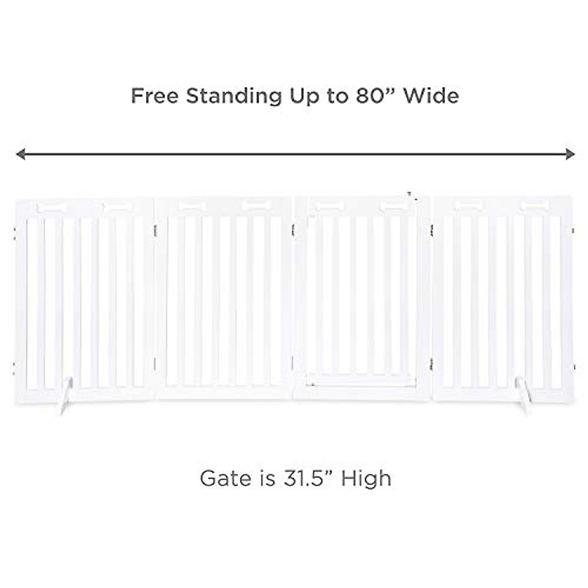 Arf Pets Freestanding Dog Gate with Door, 4 Panel 360° configurable Wooden White Fence, 80" Wide, 31.5" Tall, Foldable, Set of Foot Supporters Included, for The House - Indoor Use