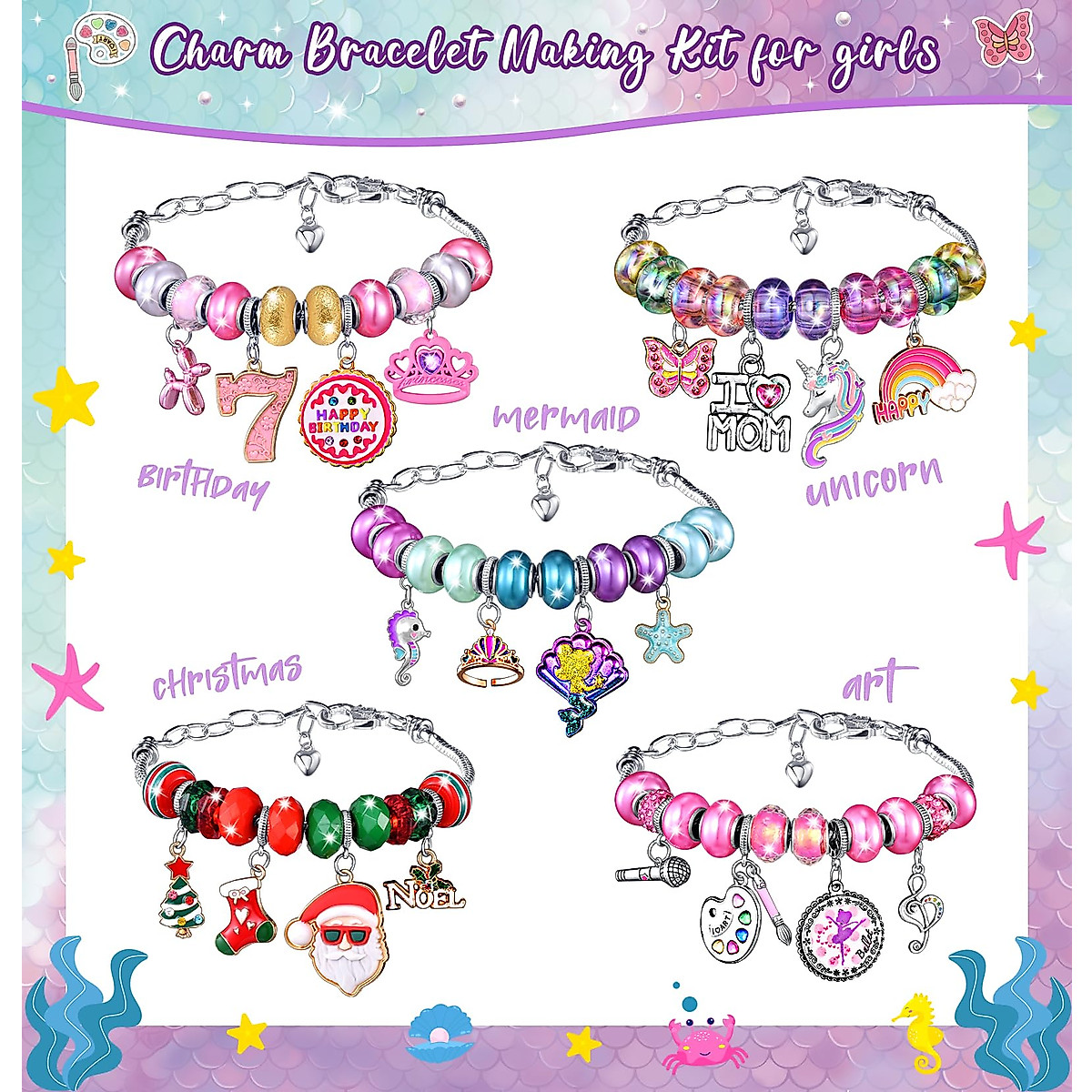 Girls Charm Bracelet Making Kit: Mermaid Jewelry Supplies Make Set Charm Bracelets Kits DIY Art Craft Set Girl Toys Age 5 6 7 8 9 10 11 12 Year Old Girl Little Children Creative Birthday Gifts for Kid