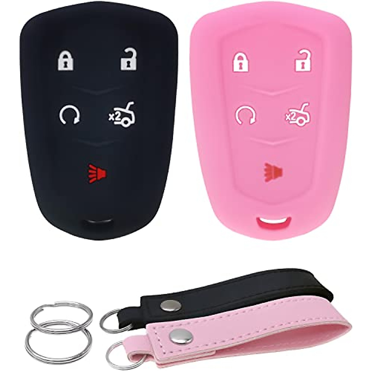 waymei Silicone Key Fob Cover Remote Keyless Case Protector Compatible with 2014-2019 Cadillac ATS CT6 CTS Escalade Escalade ESV SRX XT5 XTS HYQ2AB HYQ2EB (5 Buttons Black & Pink)