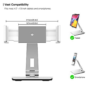Tablet Stand, Adjustable Heavy Duty Aluminum Phone Stand, 360° Swivel Foldable Holder for iPad, Samsung Tab, Kindle (4.7-13"), Design for Desk Kitchen Bedside Office (Silver)