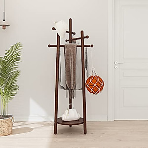 Aibiju Heavy Duty Coat Rack Freestanding,Wooden Coat Hanger Stand with Storage Shelf and 3 Crossbar, Coat Tree Easy to Assemble for Home Office Suits Jacket Hat Umbrellas Brown YD-1440