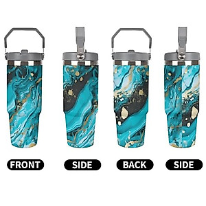 30 Oz Tumbler with Handle And Straw, Turquoise Blue Gold Marble Leakproof Stainless Steel Water Bottle for Hot & Cold Drinks 24 Hours, Car Cup Holder Friendly, Travel Mug for Home, Office, Gym