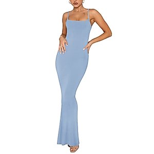 REORIA Women's Sexy Casual Lounge Slip Long Dress Elegant Wedding Guest Sleeveless Backless Ribbed Bodycon Maxi Dresses Blue Medium