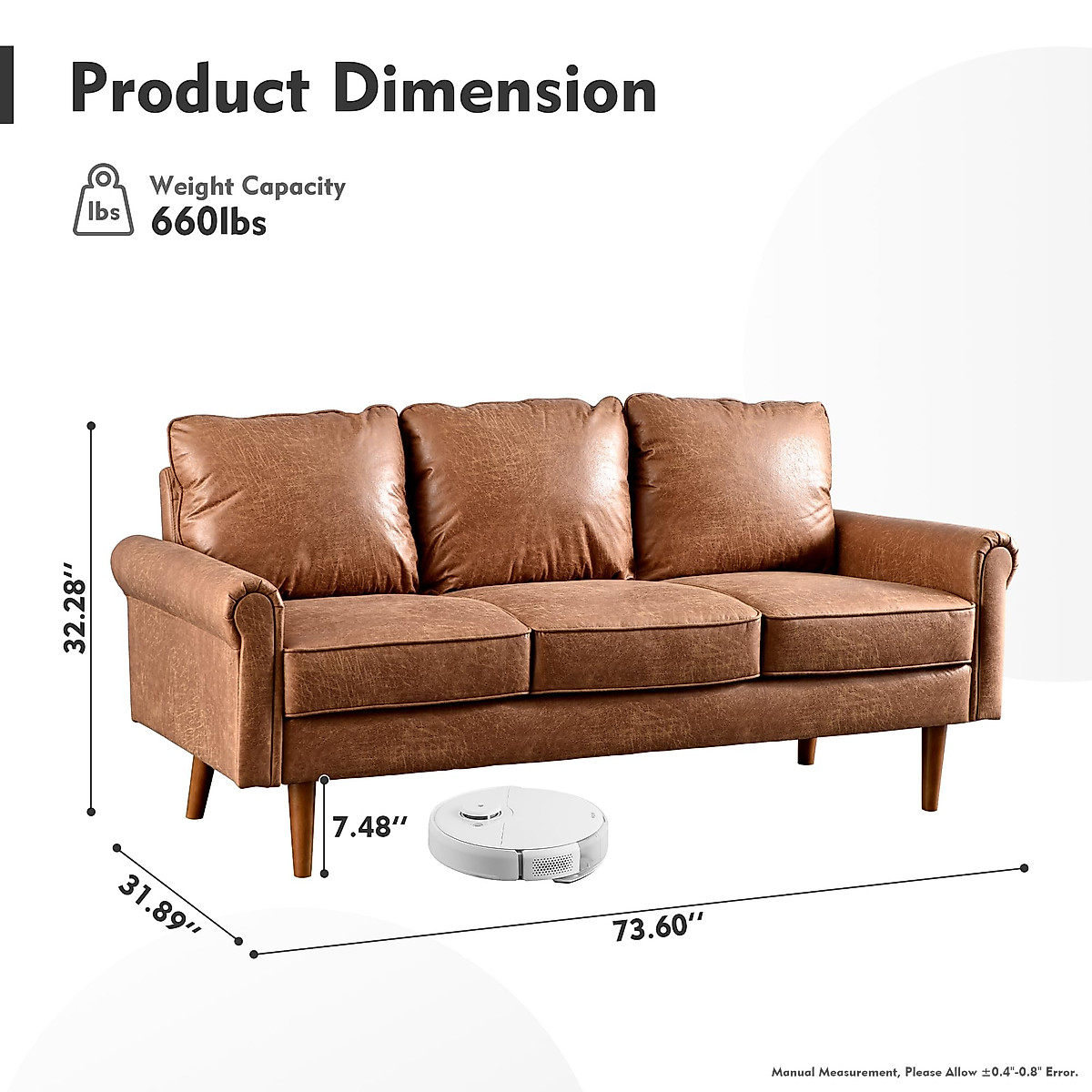 ALTRIGUS 3 Seater Couch with Luxury Faux Leather,Mid Century Modern Sofa with Comfortable Deep Seat,Comfy Upholstery Couches with for Small Space Living Room Bedroom (Brown)