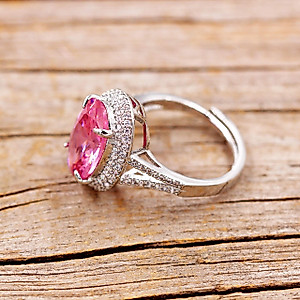 Uloveido Adjustable Platinum Plated Big Zircon Ring, Oval Stone Ring, Crystal Split Shank Ring Birthstone Jewelry Gifts for friend Y927-Pink