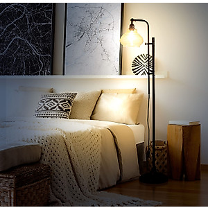 Brightech Austin LED Floor Lamp, Industrial Lamp for Living Rooms & Offices, Mid-Century Modern Standing Lamp with Adjustable Head, Tall Lamp with Rustic Glass Teardrop Shade for Bedroom - Black