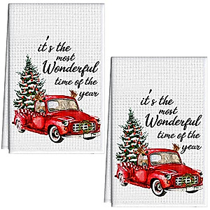 2 Pieces Christmas Red Truck Hand Towels,15.7 x 23.6 Inch, Red Truck Towels for Christmas Waffle Towels Christmas Kitchen Dish Towels for Christmas Holidays Baking Kitchen Bathroom Bar Decorations