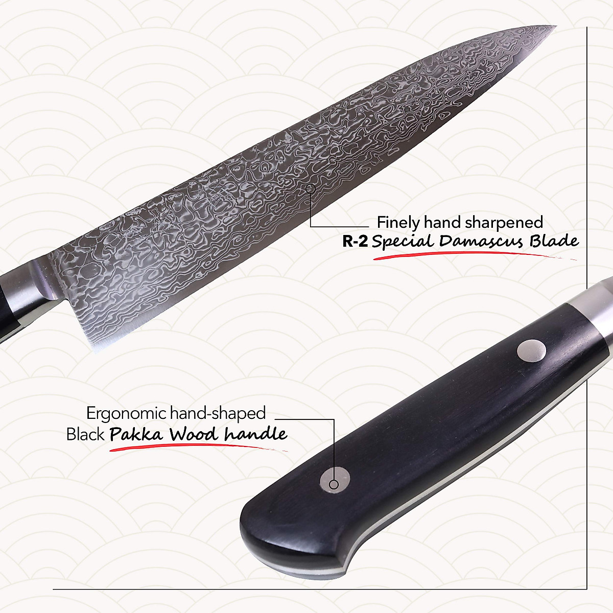JCK ORIGINAL Kagayaki Japanese Chef’s Knife, KGRP-1 Professional Petty Knife, Polished Patterned Damascus Stainless Steel with Ergonomic Black Pakka Wood Handle, 5.9 inch