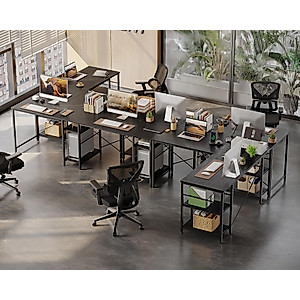 Bestier 95.2” L Shaped Desk, Reversible Corner Computer Desk or 2 Person Long Table with Adjustable Shelves, Large Writing Study Workstation with 3 Cable Holes - Black