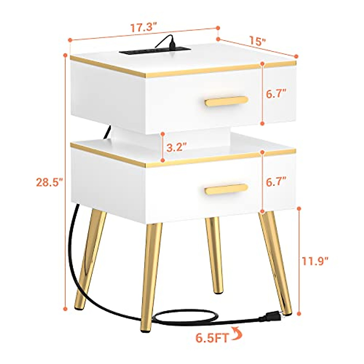 Cyclysio 28.5'' White Nightstand with Charging Station, Tall Bedside Tables with Led Lights, Bed Side Table Night Stand with Drawers for Bedroom and Sofa Side, Bright White Finishing
