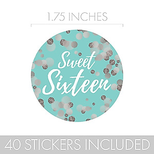 Blue Sweet 16 Birthday Stickers - Sixteen Happy 16th Party Round Labels - 40 Count
