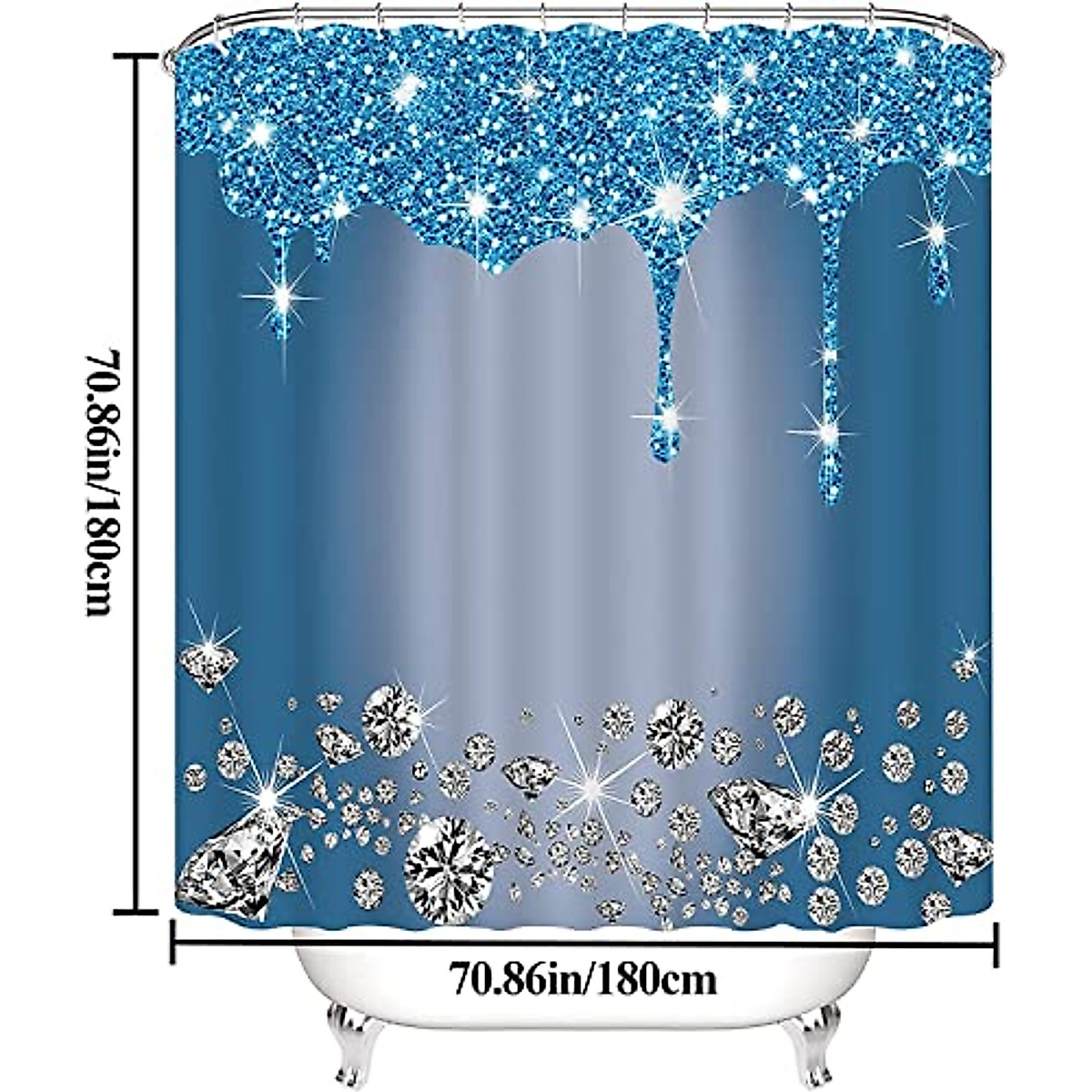 4Pcs Glitter Diamond Shower Curtain Sets Bathroom Set Decor with Non-Slip Rugs Bath U-Shaped Mat Toilet Lid Cover Blue Sliver Shiny Drip Bathroom Curtains Shower Set with 12 Hooks, 70.8×70.8