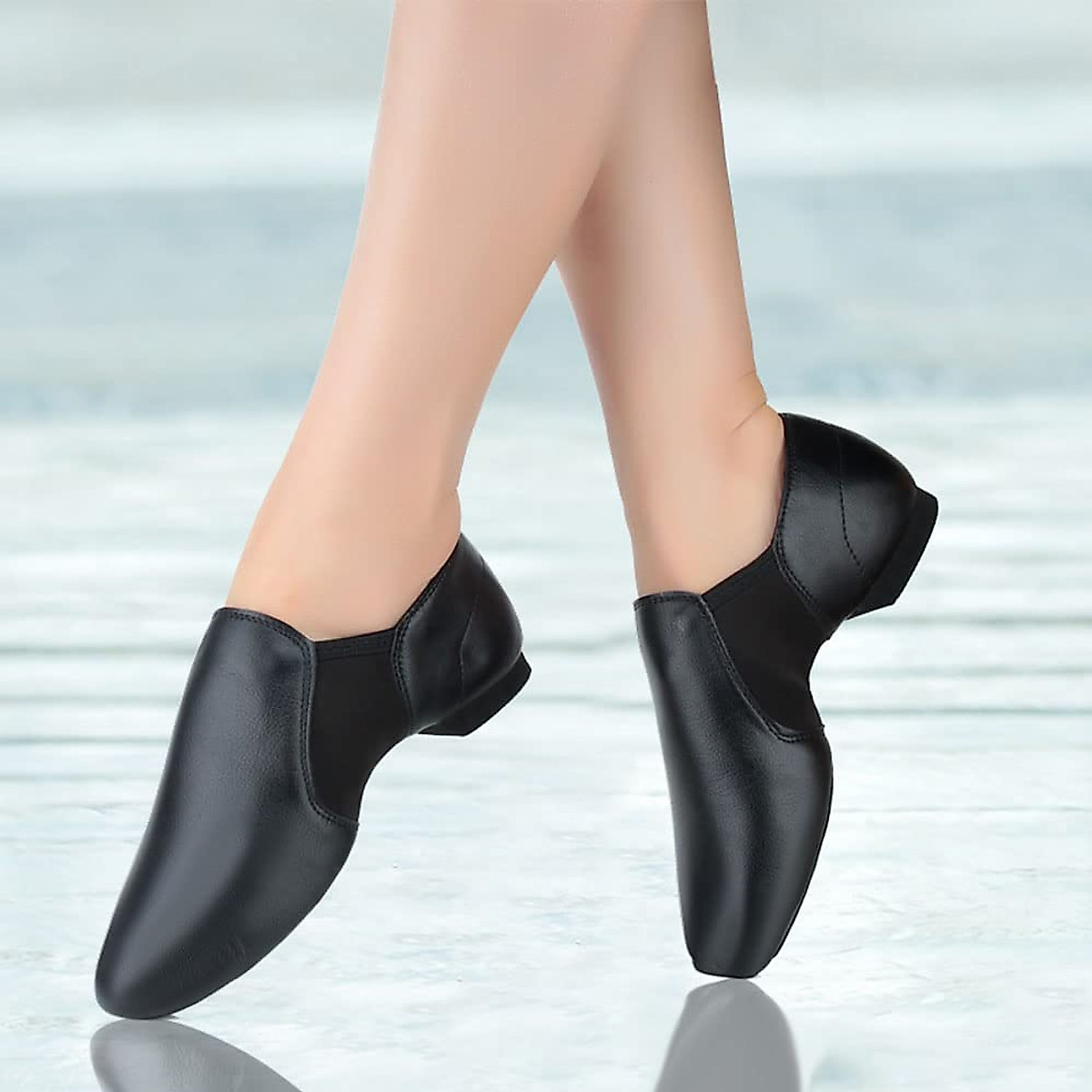 Women Leather Jazz Dance Dhoes Girls Dancing Ankle Boots Slip On Jazz Shoe（Black，US 7.5）