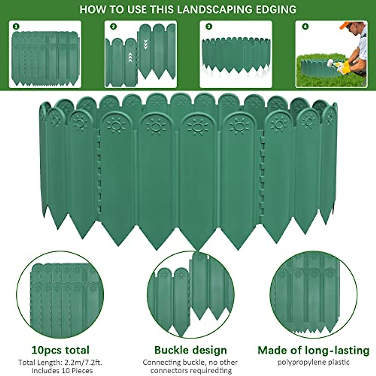 EEOCWF 10PCS Green Garden Edging Borders, 8.66"X8.66" Plastic Garden Landscape Edging, 7.2ft Interlocking Decorative Garden Fences Edging, Lawn Edge Flower Bed Border for DIY Patio Walkways Yard