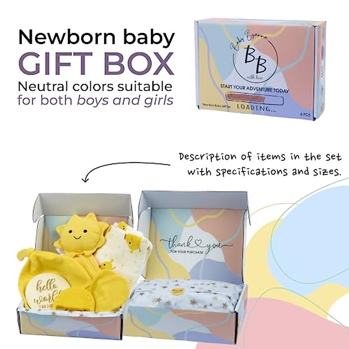 Baby Gift Box Muslin Swaddle Blanket Set with Silicone Teether and Accessories - Perfect for Newborn Girls and Boys - Cute and Elegant Packaging - 6 Pieces in a Box