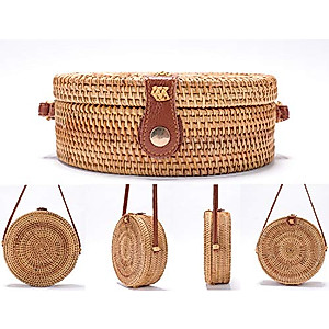 Handwoven Round Rattan Bag Shoulder Leather Straps Natural Chic Hand