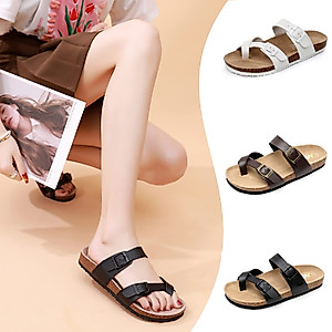 Women's Cork Footbed Sandals Cow Suede Slide Sandals for Women Toe Loop with Adjustable Strap Buckle Open Toe Beach Sandals