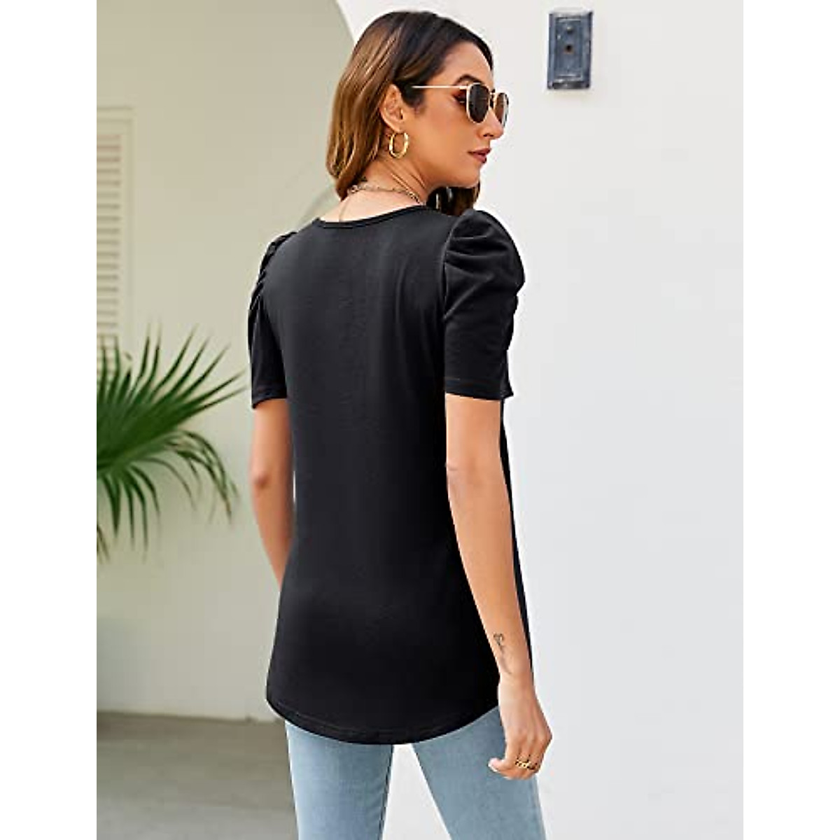 LOMON Oversized T Shirts for Women Short Sleeve Cute Smocked Tops Tees Summer Tunic Tops to wear with Leggings 2023