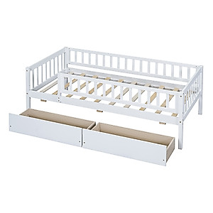 Harper & Bright Designs Twin Size Daybed with Two Drawers, Wood Kids Twin Platform Bed Frame with Storage and Rails, No Box Spring Needed, Easy Assembly (Twin Size, White)