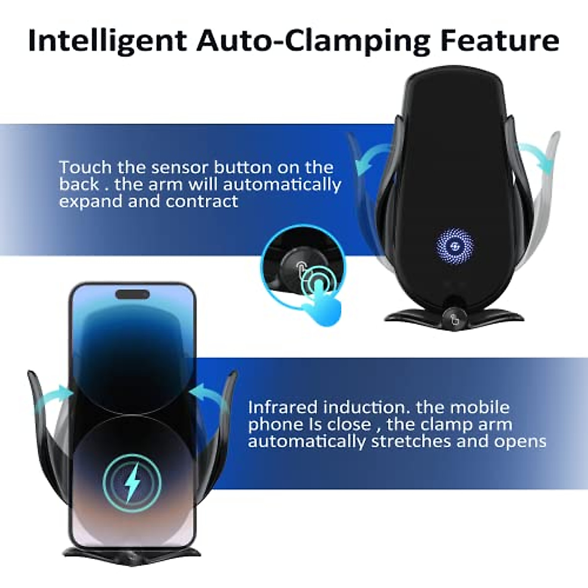 Wireless Car Charger,15W Fast Charging, Phone Holder Mount, Auto Clamping, Phone Mount Phone Holder for iPhone 14 13 12 11, Samsung Galaxy S23+ S22, etc