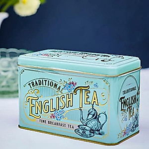 New English Teas Vintage Victorian Tea Tin with 40 English Breakfast Tea Bags, Forget Me Not Florals, Black Tea, Ceylon Tea, Mint Green British Tea Caddy