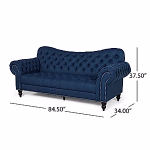 Christopher Knight Home Nathan Chesterfield Button Tufted Fabric 3 Seater Sofa, Navy Blue, Dark Brown