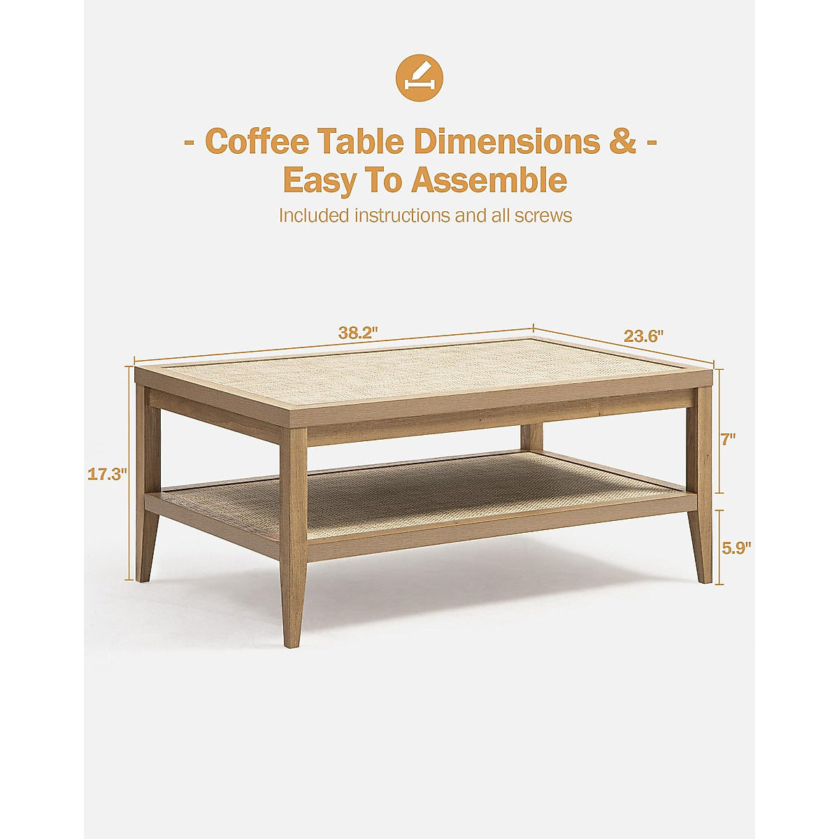 SICOTAS Rattan Coffee Table for Living Room - Boho Rectangle Center Coffee Tables with 2-Tier Rattan Storage Shelves - Accent Sofa Side Table for Small Space