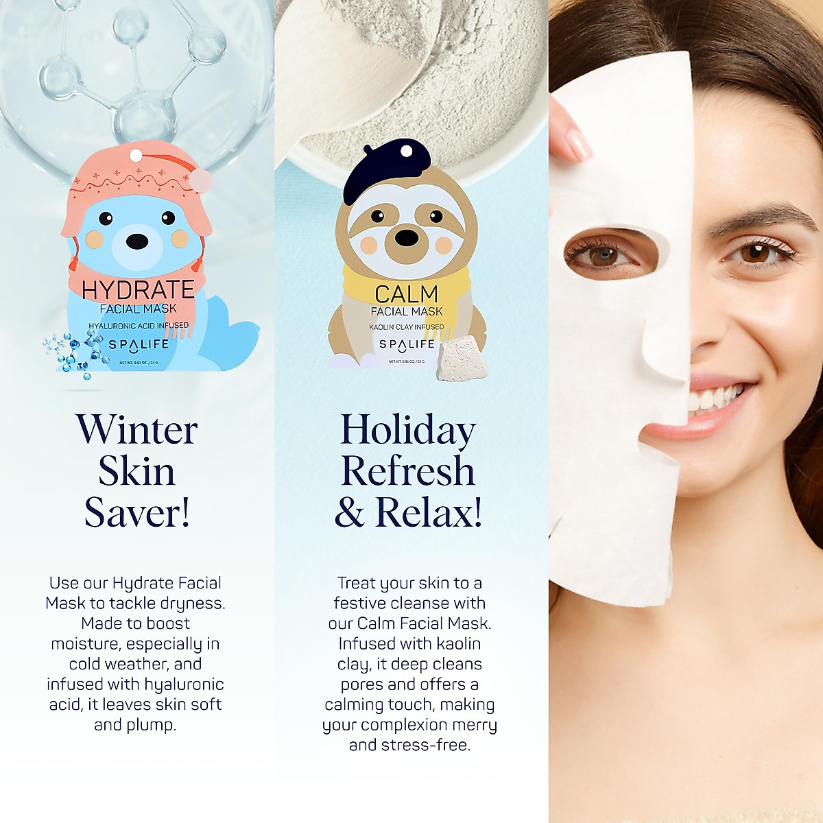 SpaLife Snow Buddies Facial Mask 10 Pack - Hydrating Character Sheet Masks for Women, Moisturizing Skincare Variety Set for Glowing Skin - Korean Facial Mask Spa Treatment with Natural Ingredients