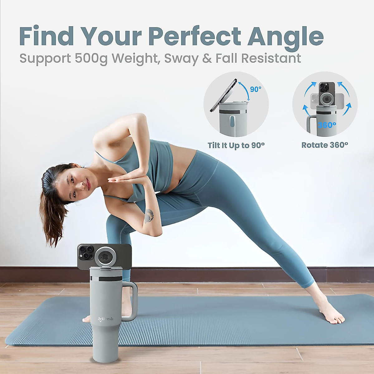 JetFresh 40 oz Tumbler with Handle and Straw Magnetic Phone Holder Tripod Lid Perfect for Car Phone Holder - Insulated Stainless Steel Leak Proof Spill Proof Water Tumbler for Men and Women Cup