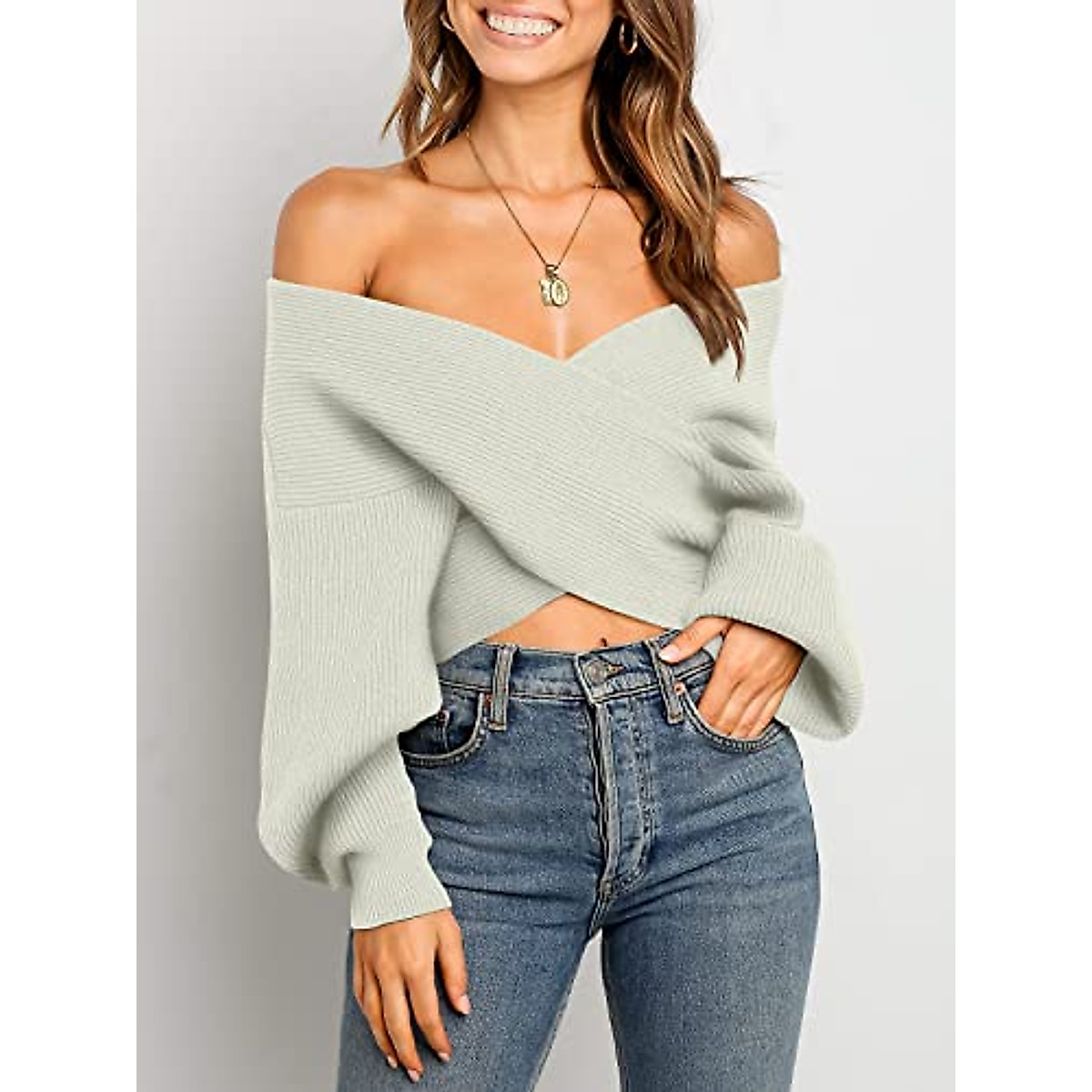 ANRABESS Women’s 2022 Fall Fashion Long Sleeve Off Shoulder Crissover V Neck Knit Cropped Sweater Top 641qianhui-S Gray