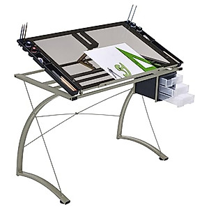 Coaster Home Furnishings Melo Modern Drafting Table for Office Drawing Desk Adjustable Angle Top Smoked Tempered Glass Top with Reversible Drawers Steel Frame Silver 800986